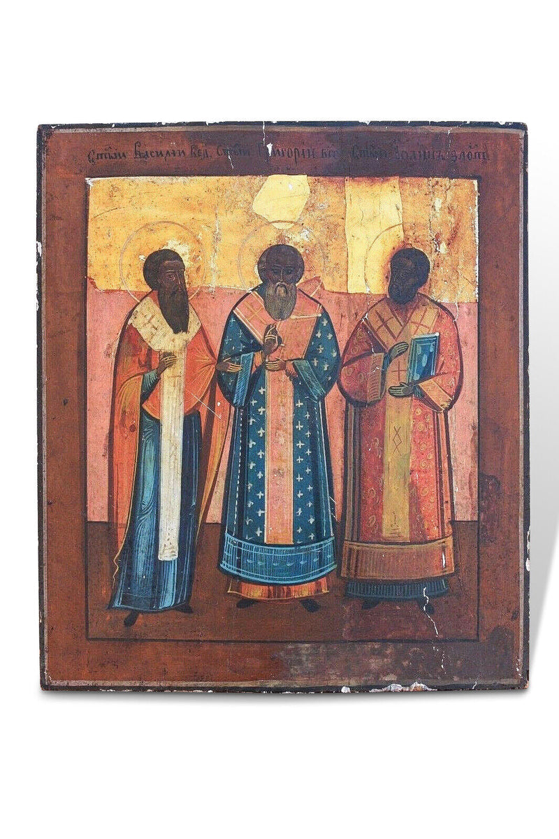 Early 19thc. Painted Gilt Russian Icon; Three Holy Hierarchs, Orthodox – Mission Gallery Antiques