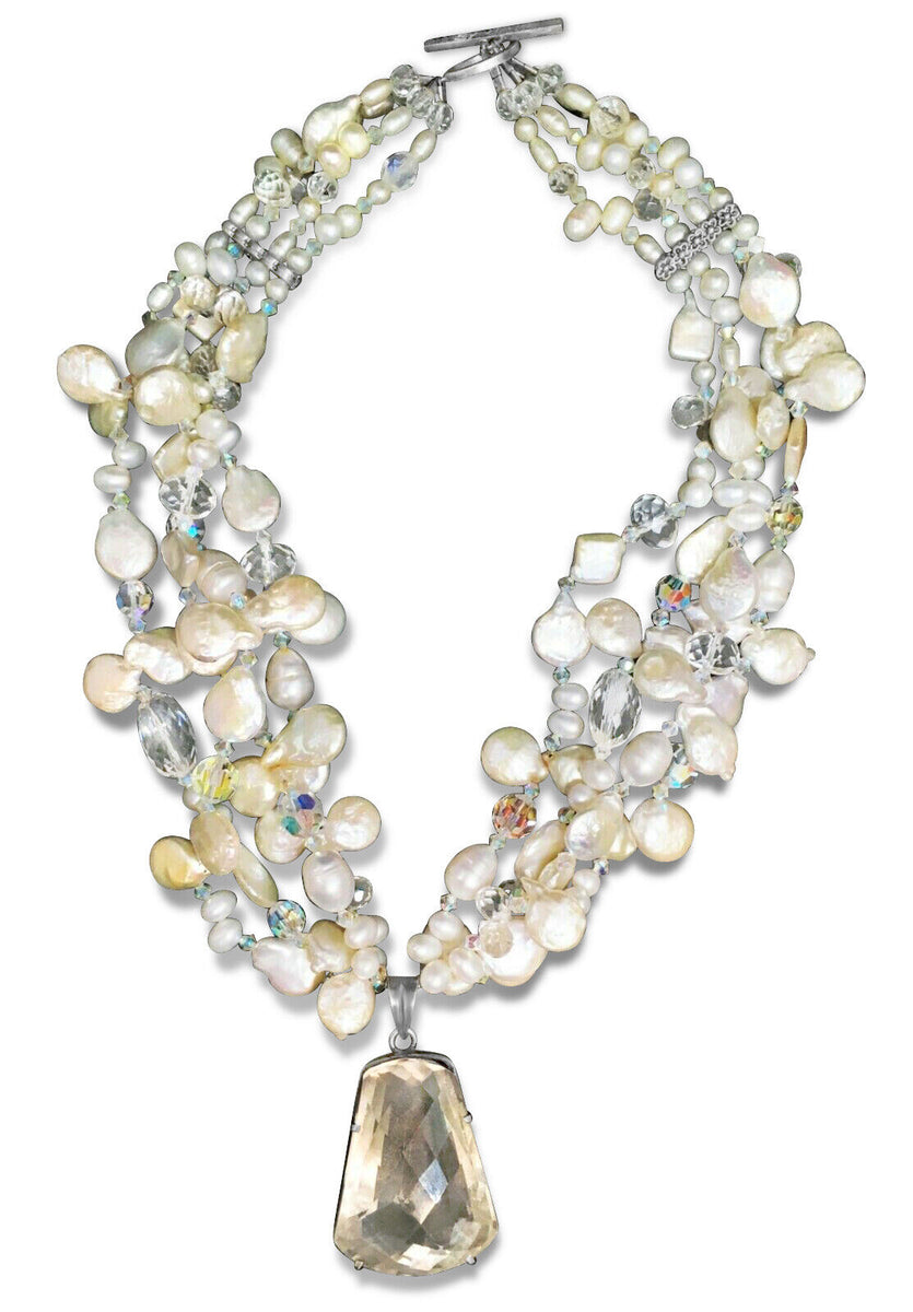 Saki 4 Strand Pearl & Aurora Borealis Glass Bead Necklace w/ Silver & – Mission Gallery Antiques