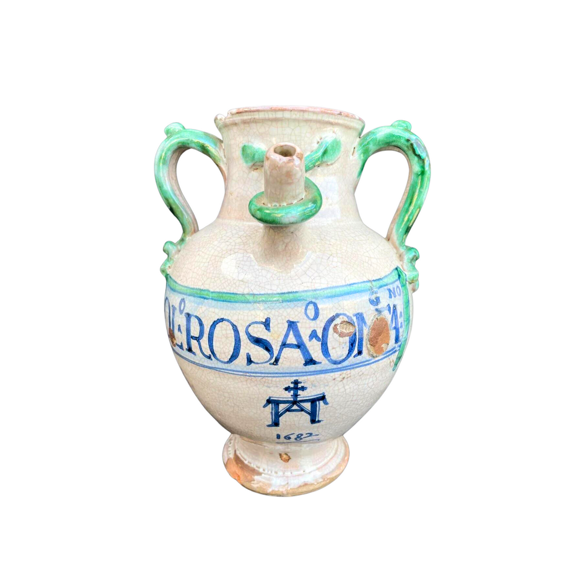 17th Century Italian Bulbous Apothecary Jug w/ Druggist Logo, Dated 16 ...