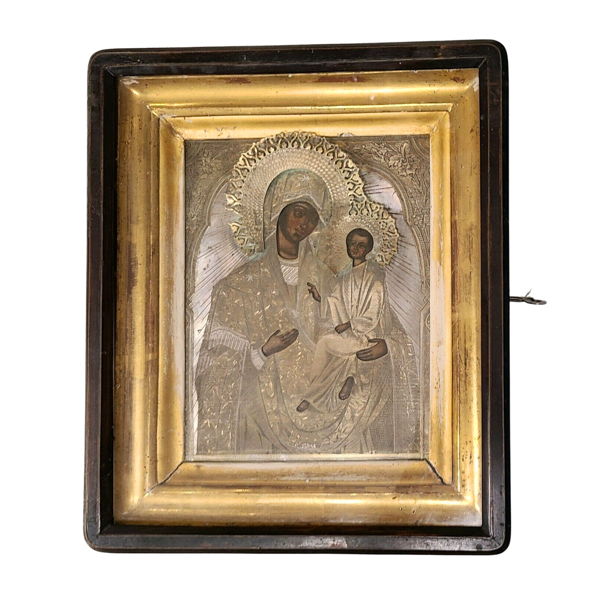 D.1871 Russian Gilt Silver Riza Icon w/Cyrillic Writing in a grain pai ...