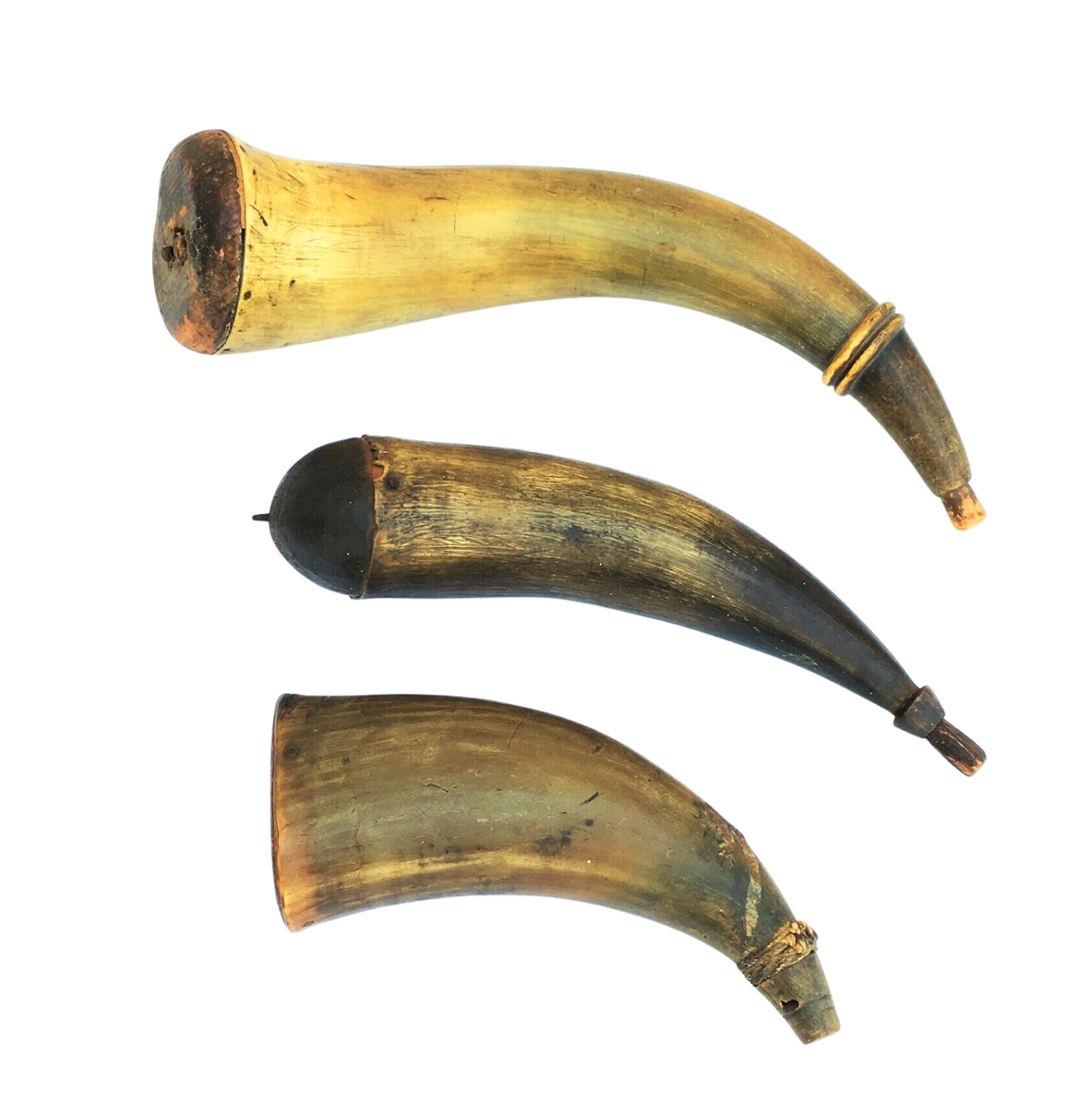 Three Late 18th C. American Powder Horns Carved Two with Hand-Carved S ...