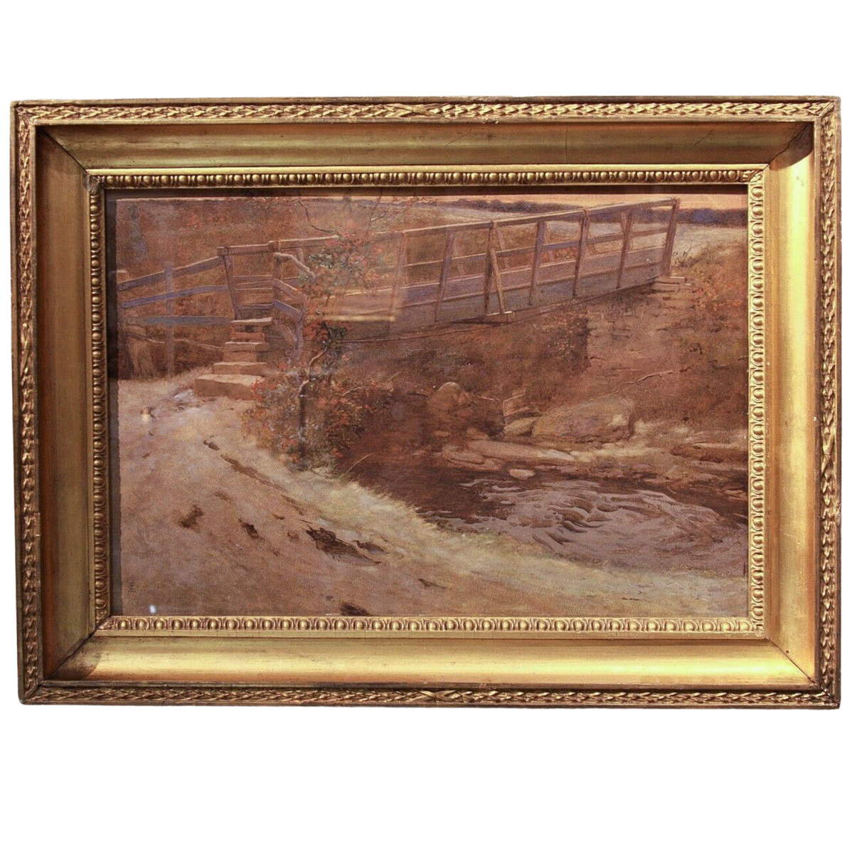 1902 Lexden L. Pocock, Watercolor "Stile Bridge Over Welsh River ...