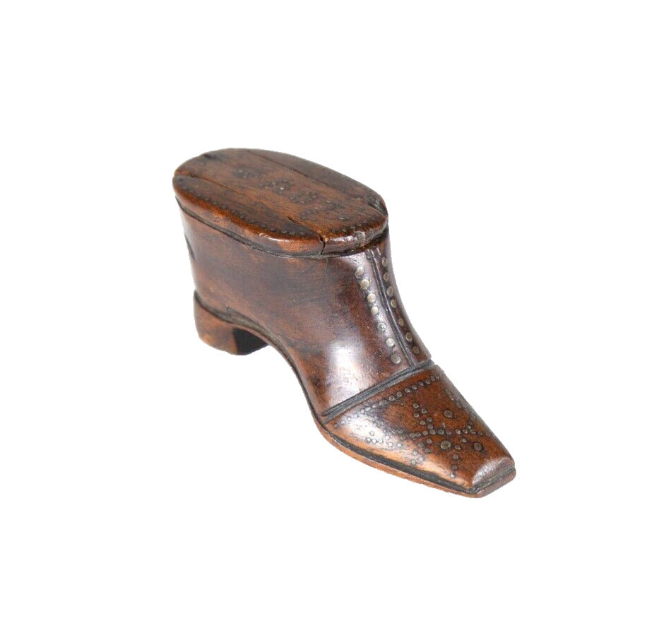 Ea. 19th C. "LOVE" Carved Shoe Form Treen Snuff Box, Brass Decorated ...