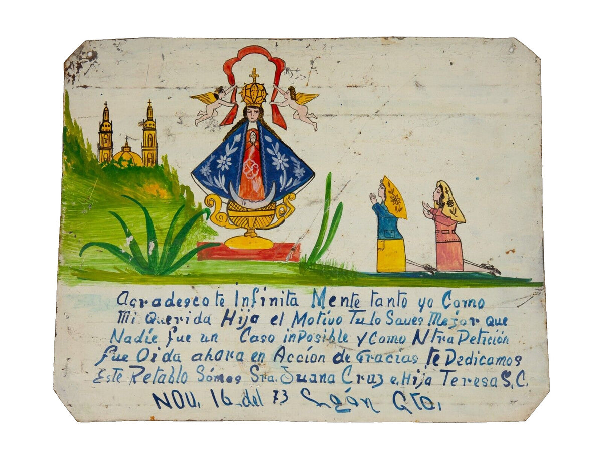 1973 Mexican Ex Voto Painting on Tin, Leon Guanajuato, Retablo Folk Ar ...