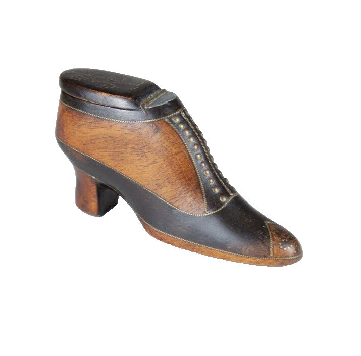 c. 1840 Shoe Form Treen Snuff Box, Brass Decorated & Hinged Lid ...