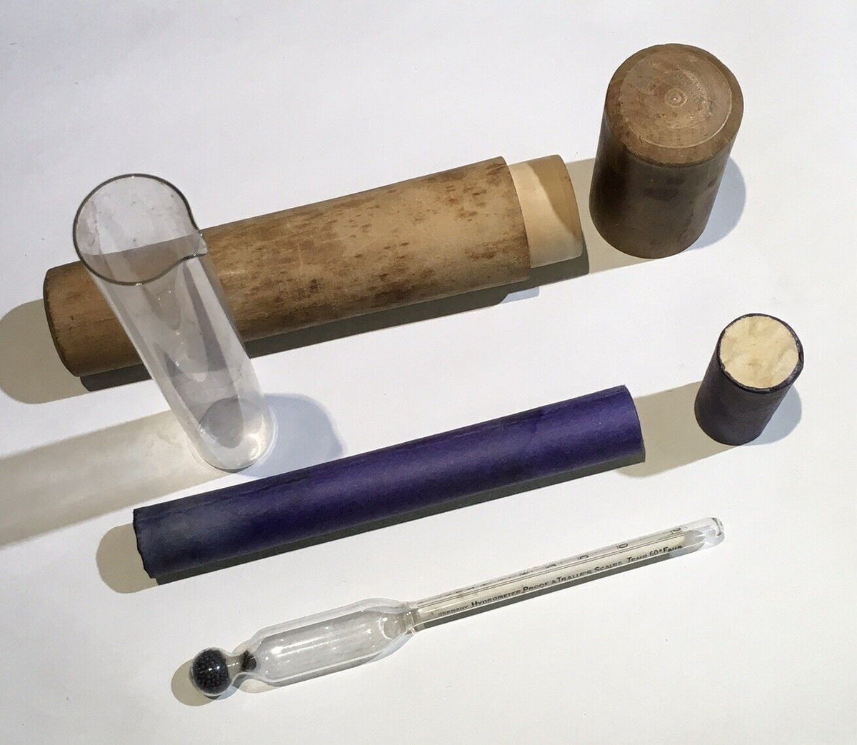 Complete Antique German Hydrometer Kit with beaker and Wood Storage Tu ...