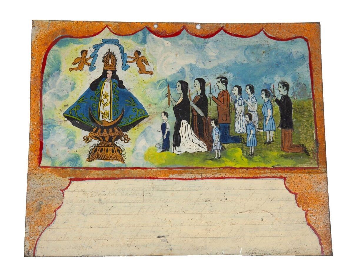 1957 Mexican Ex Voto Painting on Tin, Large Family Praying, Retablo Fo ...