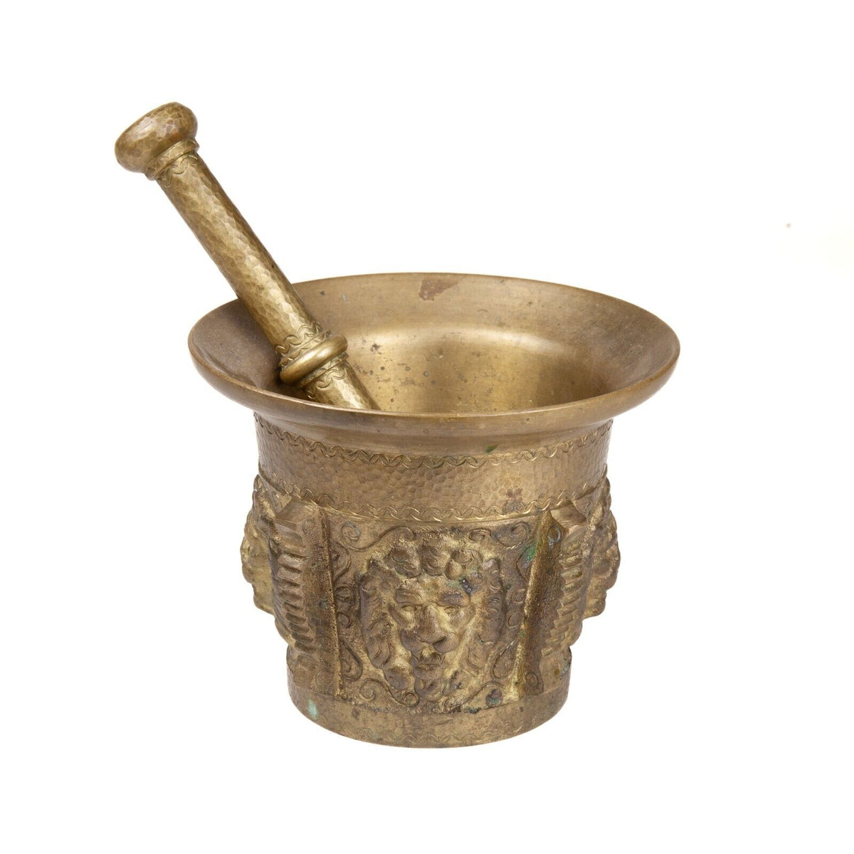20th c Large Solid Bronze Lion Head Design Mortar & Pestle Good Patina ...