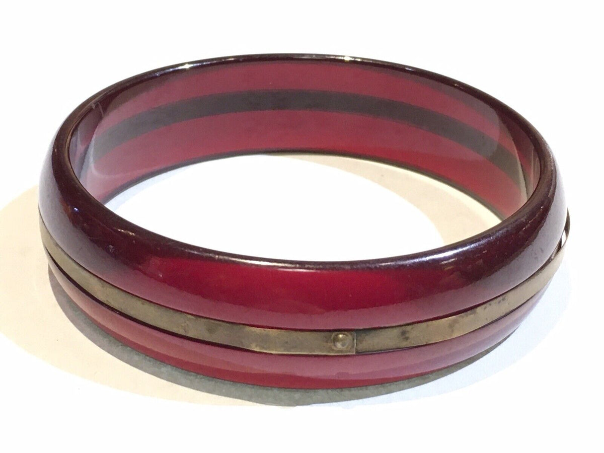 Rare Antique Cherry Amber Red Bakelite Bangle with Brass Ring Overlay ...