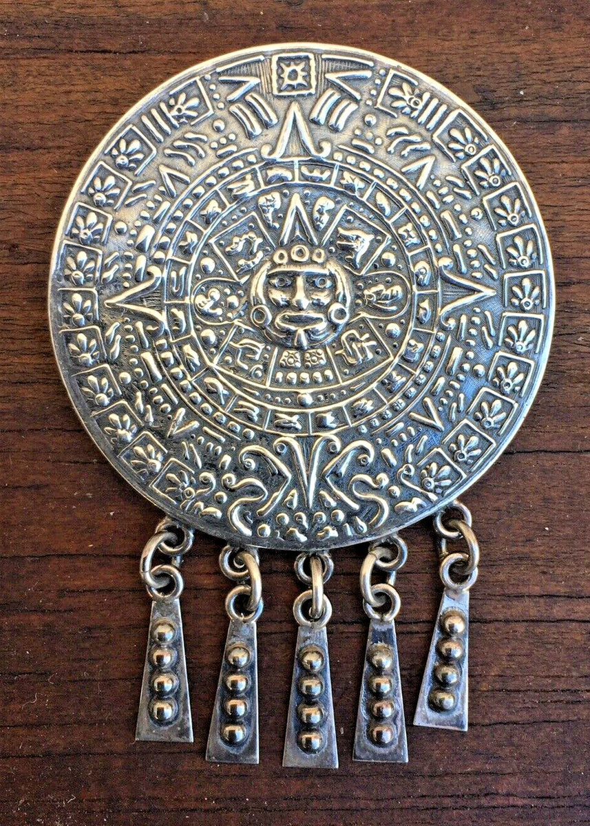 Vintage Sterling Silver .925 Aztec Calendar Brooch Pin Pendant ...