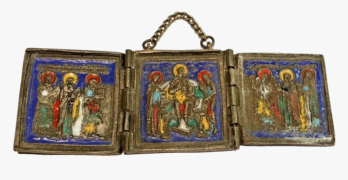Rare Antique Russian 19th Century Bronze & Enamel TRIPTYCH Folding TRA ...