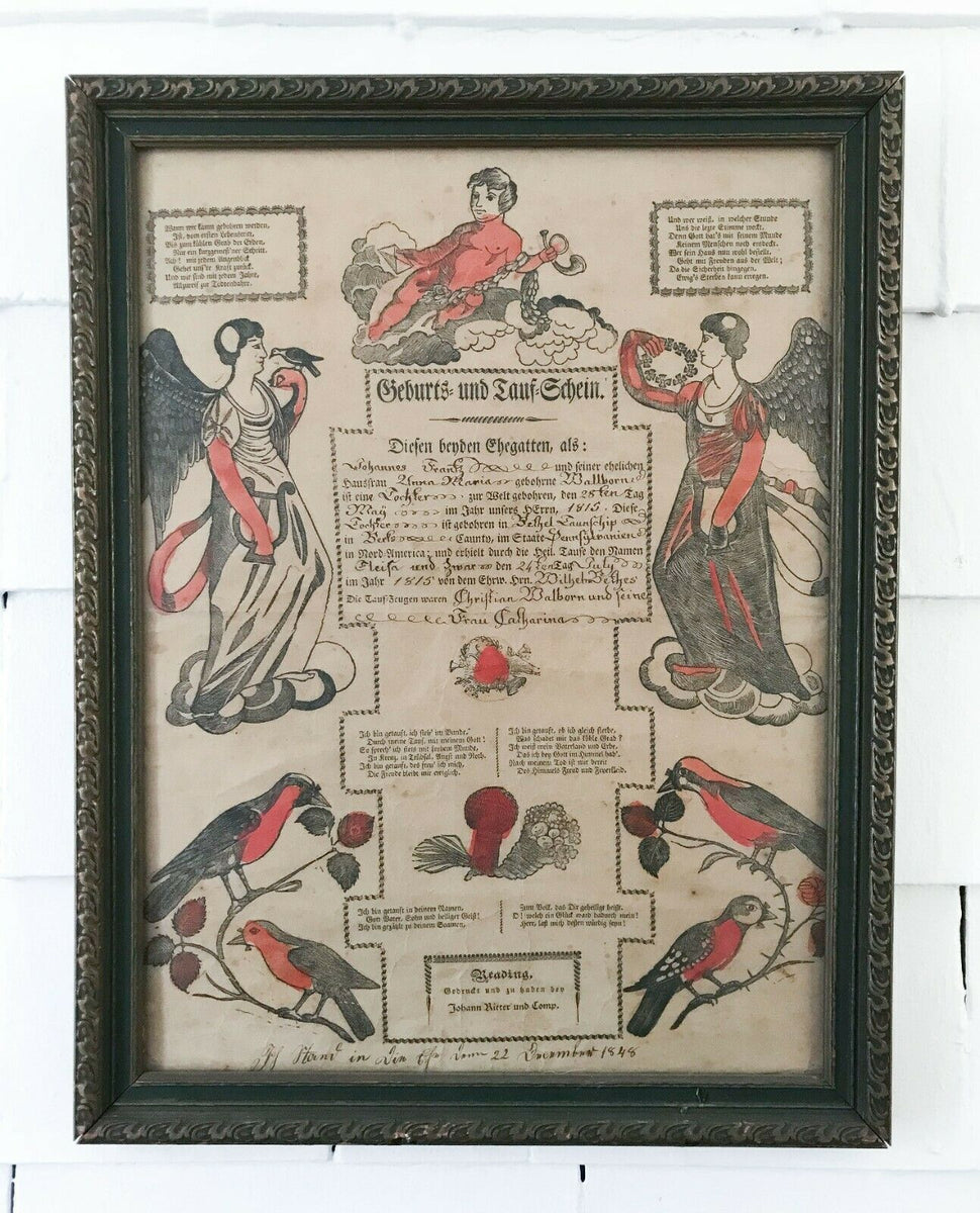 C. 1815 Fraktur Fracture Birth and Baptismal , Johann Ritter & Co Read ...