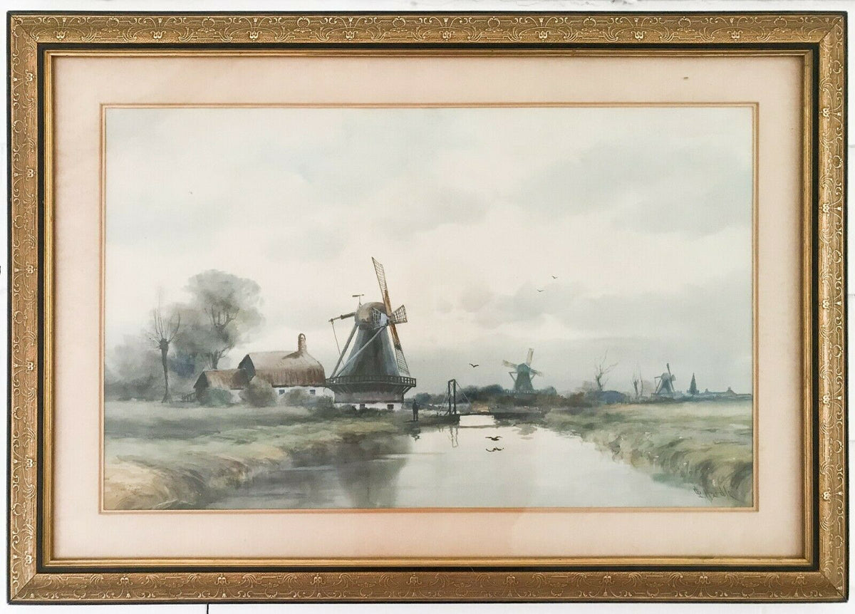 George L. Herdle (1868-1922) Dutch Landscape Watercolor Painting, Wind ...