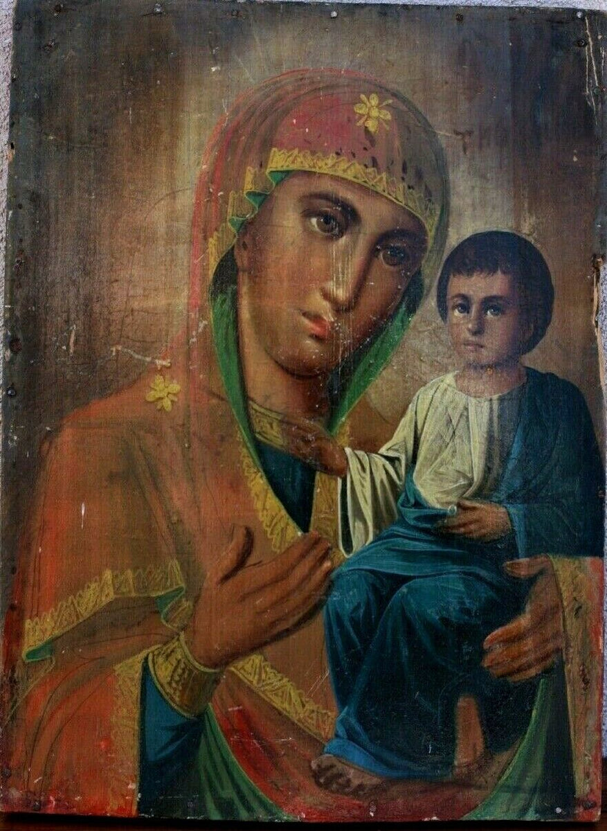 19th Century Russian Religious Icon, Our Lady of Kazan 11 1/2 X8 1/4 i ...