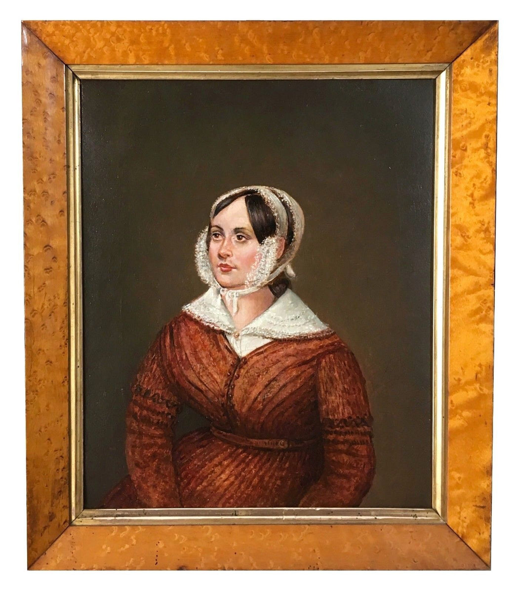 c. 1840 American Primitive Folk Art Oil on Canvas Portrait of Woman ...