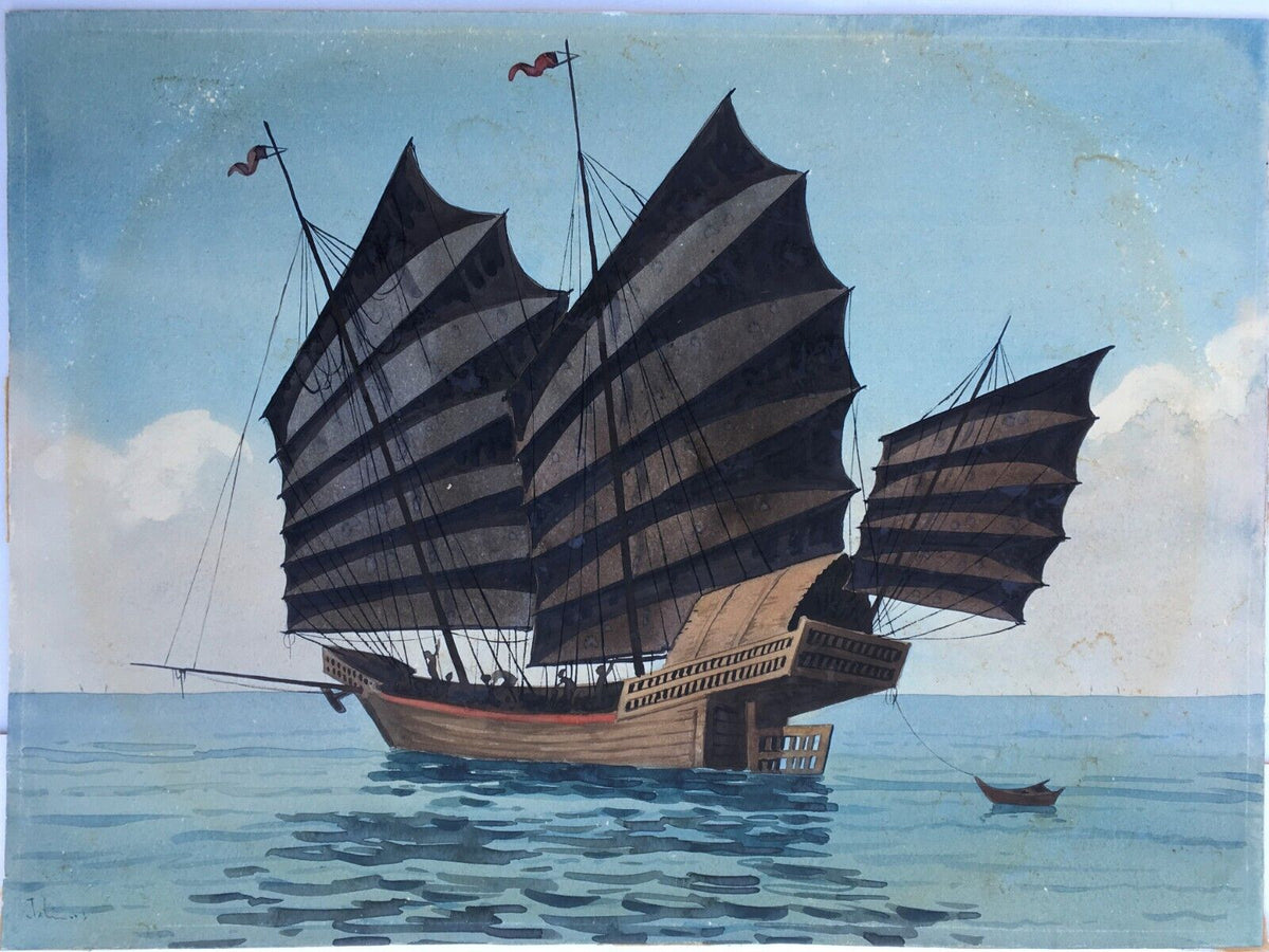 c 1900s Watercolor Gouache of a 3 Masted Chinese Junk Battened Sails ...